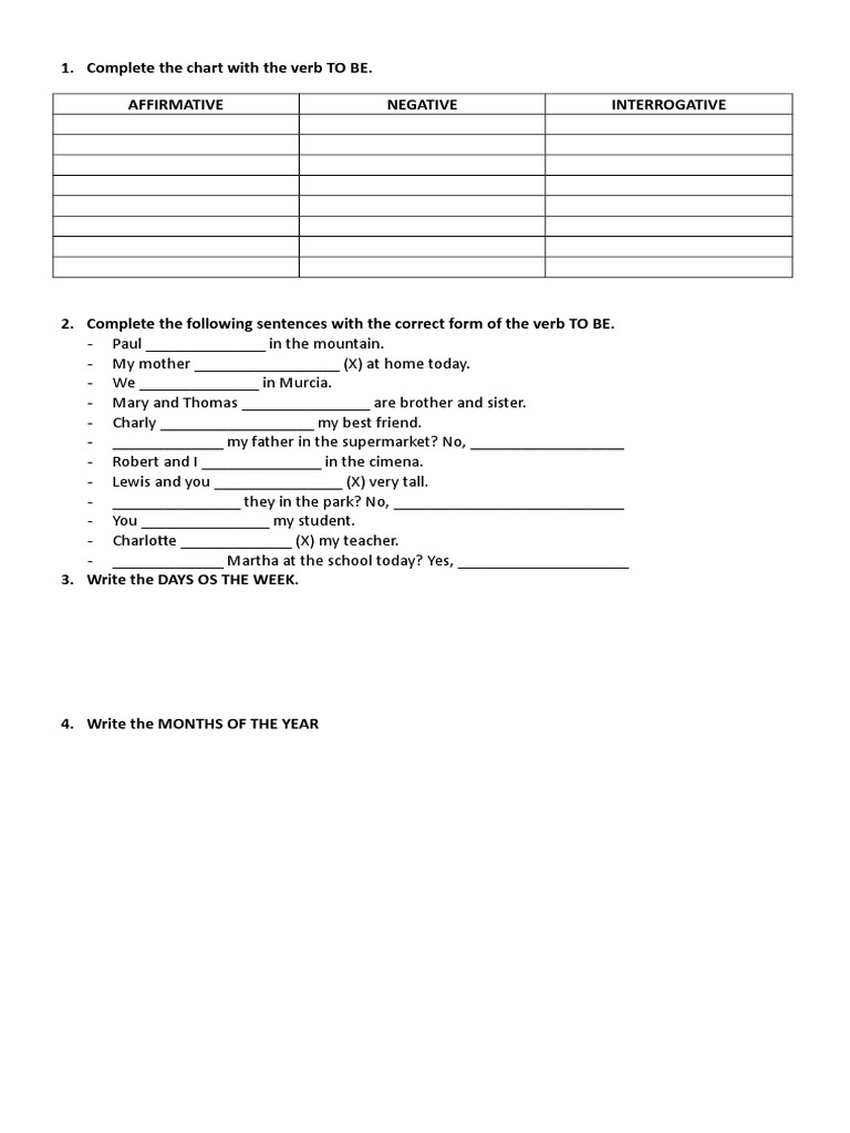 Complete The Chart With The Verb TO BE | PDF