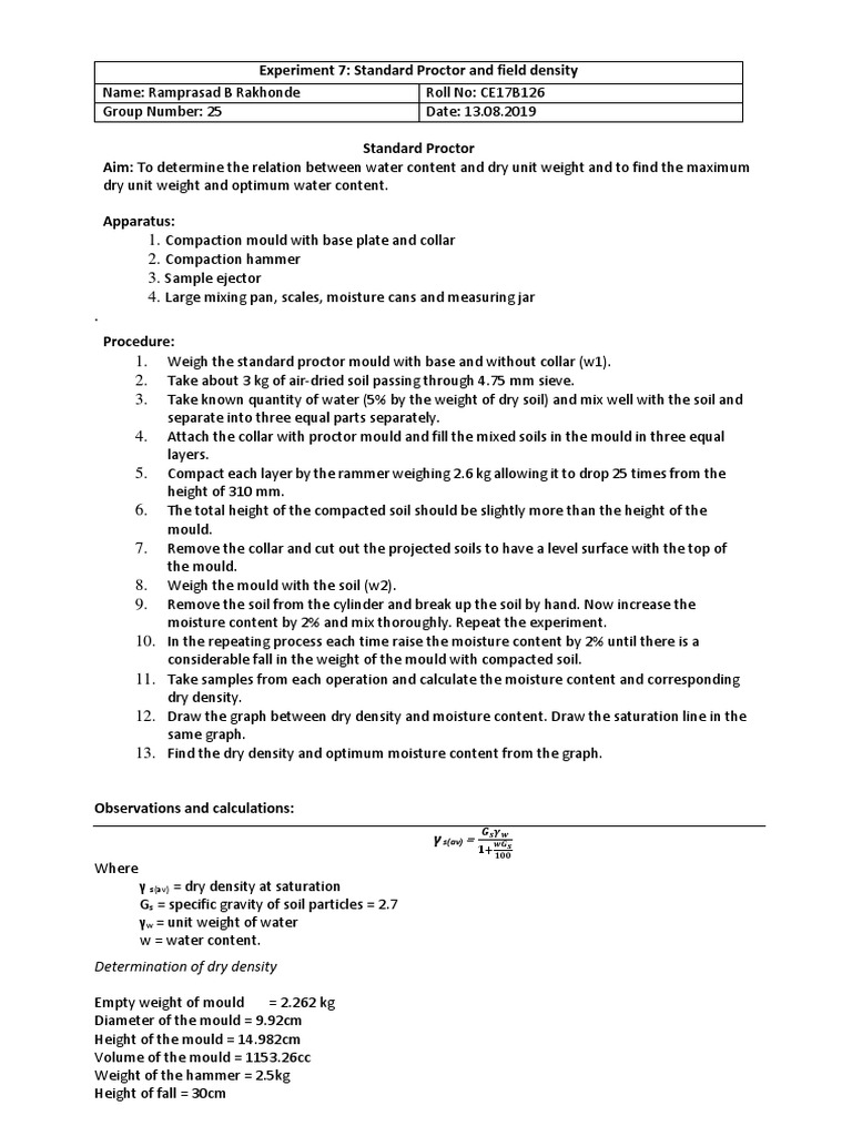Standard Proctor and Field Density Test Results | PDF | Density | Soil