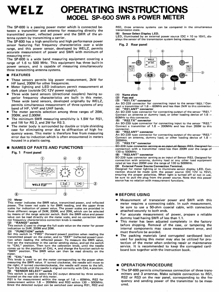 Operating Instructions: Model Sp-600 SWR & Power Meter | PDF | Antenna ...