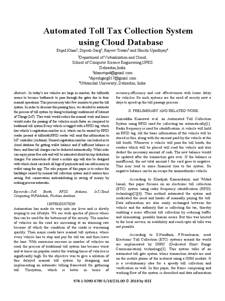 Automated Toll Tax Collection | PDF | Radio Frequency Identification ...