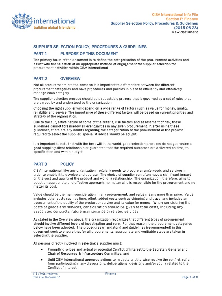 Supplier Selection Policy, Procedures and Guidelines | PDF ...