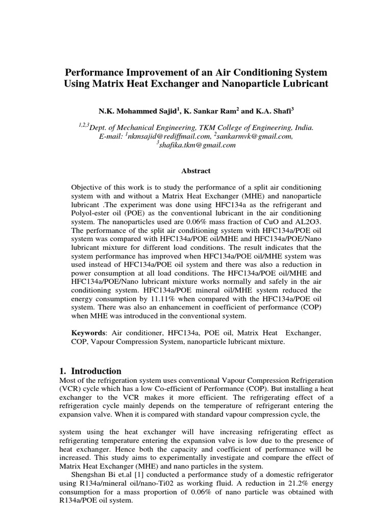 Performance Improvement of An Air Conditioning System Using Matrix Heat ...
