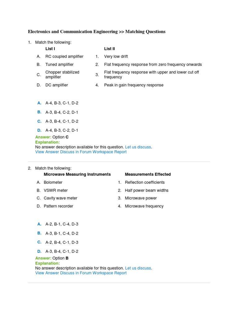 Electronics Engineering Matching Questions | PDF | Amplifier | Bipolar ...