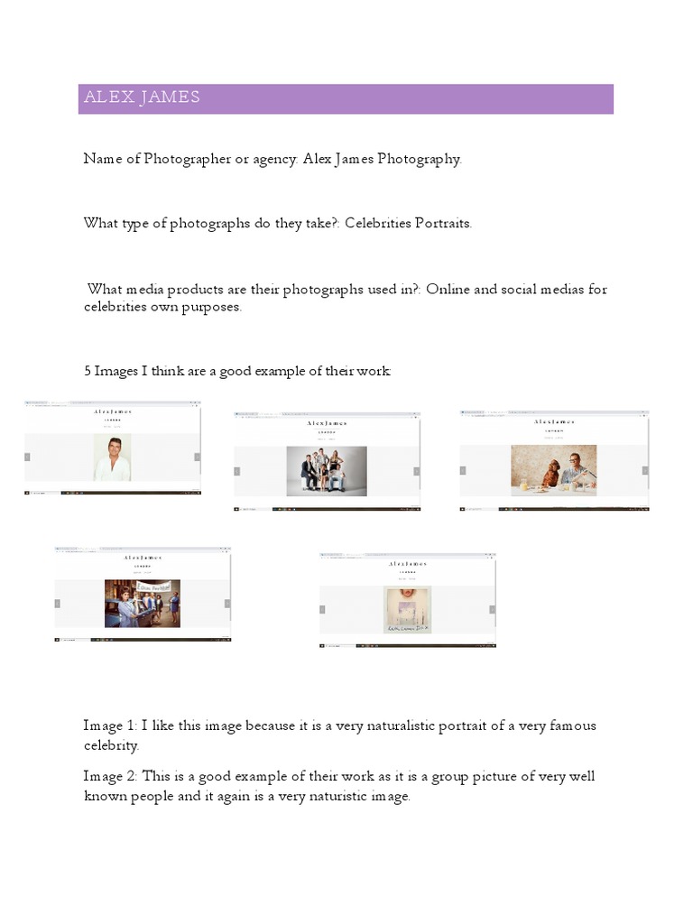 Celebrity Portrait Photography by Alex James | PDF