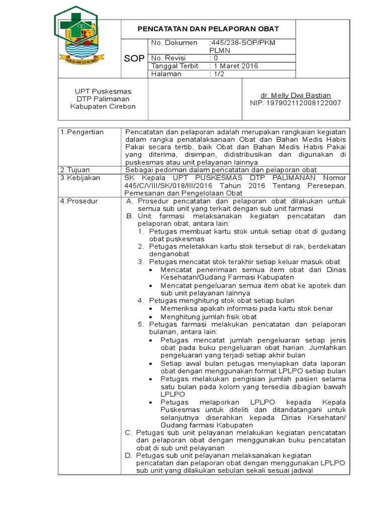 SOP Pencatatan Dan Pelaporan Obat | PDF