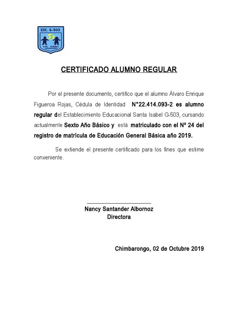 Certificado Alumno Regular 2019 | PDF