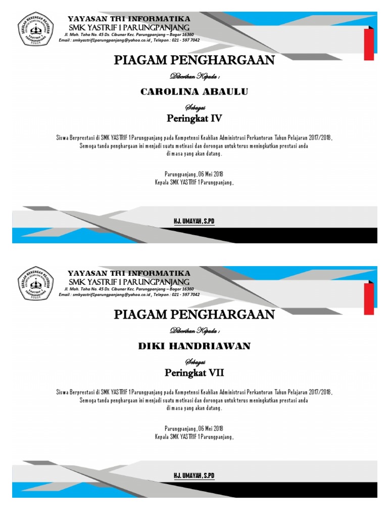 Piagam Penghargaan Siswa Berprestasi Yastrif 1 Xii Ap PDF | PDF