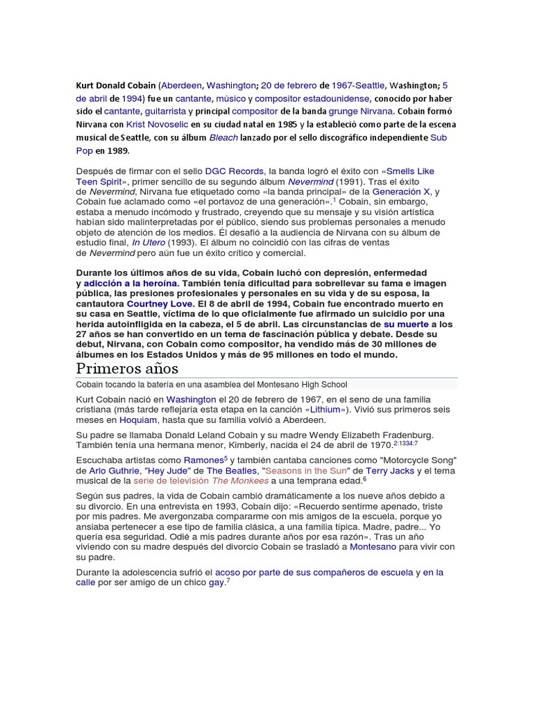 Biografia Kurt Cobain | Descargar gratis PDF | Kurt Cobain | Nirvana ...