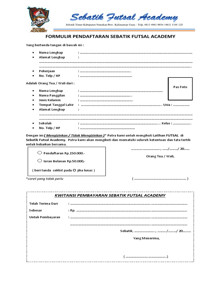 Formulir Pendaftaran Sebatik Futsal Academy | PDF