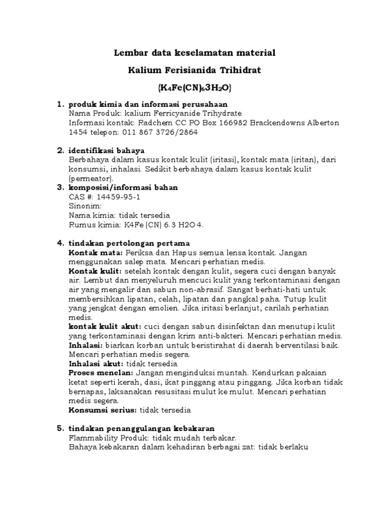 MSDS Kalium Ferisianida Trihidrat | PDF