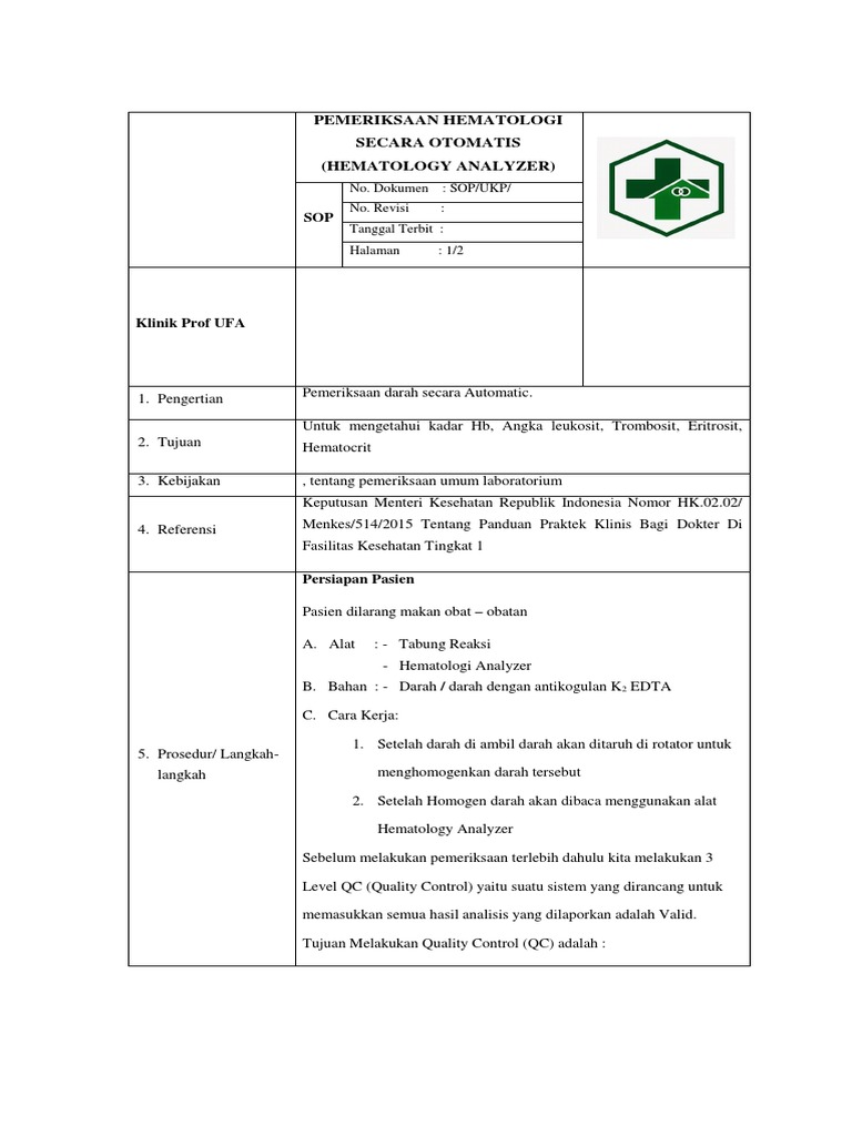 SOP Alat Sysmex | PDF