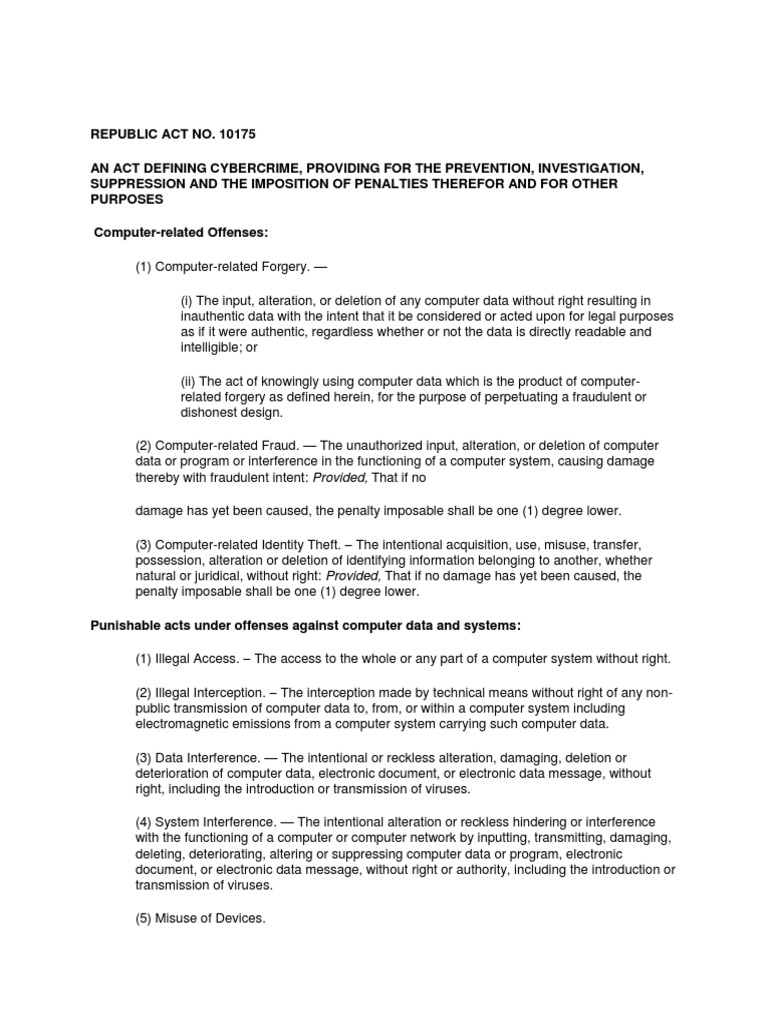 Republic Act No. 10175 An Act Defining Cybercrime, Providing For The ...