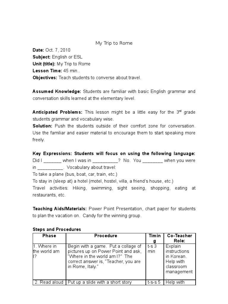 2nd Lesson-My Trip To Rome Lesson Plan | PDF | English As A Second Or ...