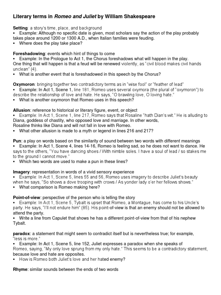 Literary Terms in Romeo and Juliet by William Shakespeare | PDF | Romeo ...