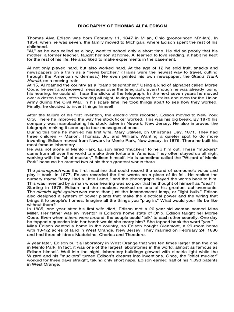 Biography of Thomas Alfa Edison | PDF | Thomas Edison