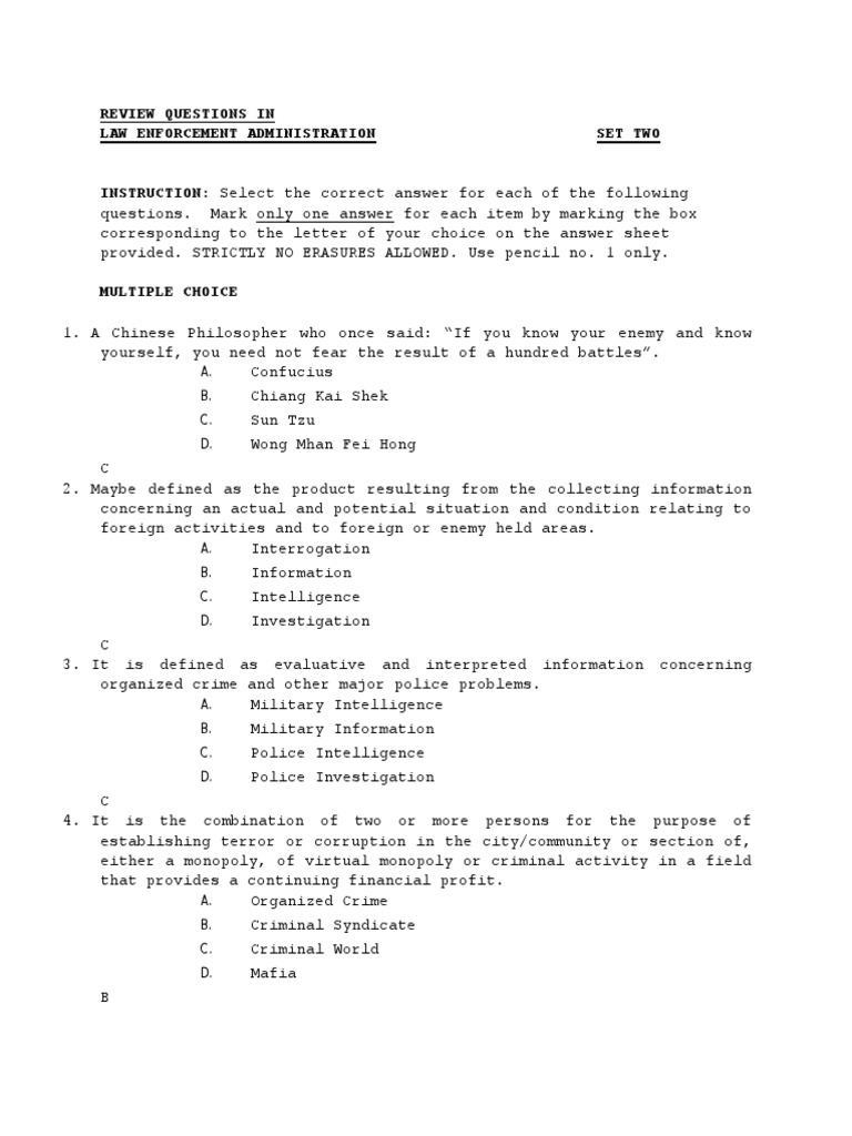 Review Questions in Law Enforcement Administration Set Two | PDF ...