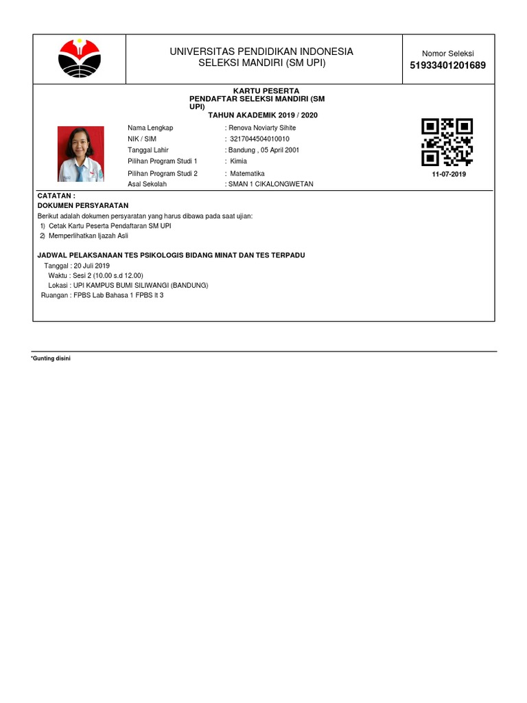 Contoh Kartu Peserta Mandiri UPi | PDF