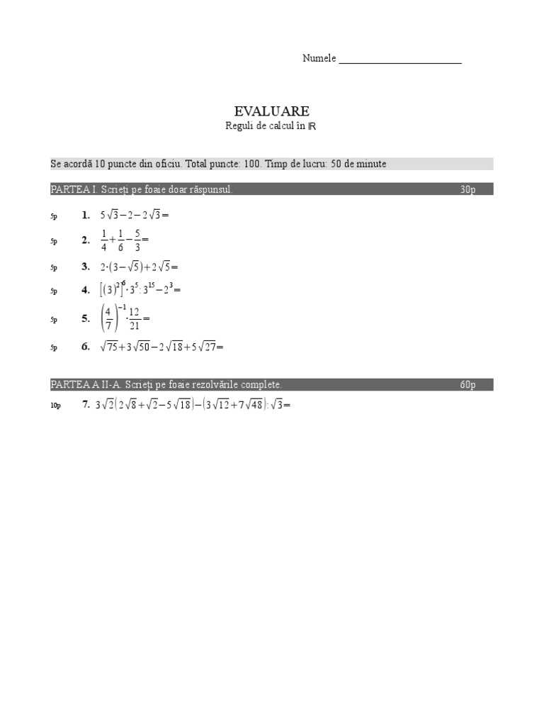 Evaluare Reguli de Calcul în ℝ | PDF