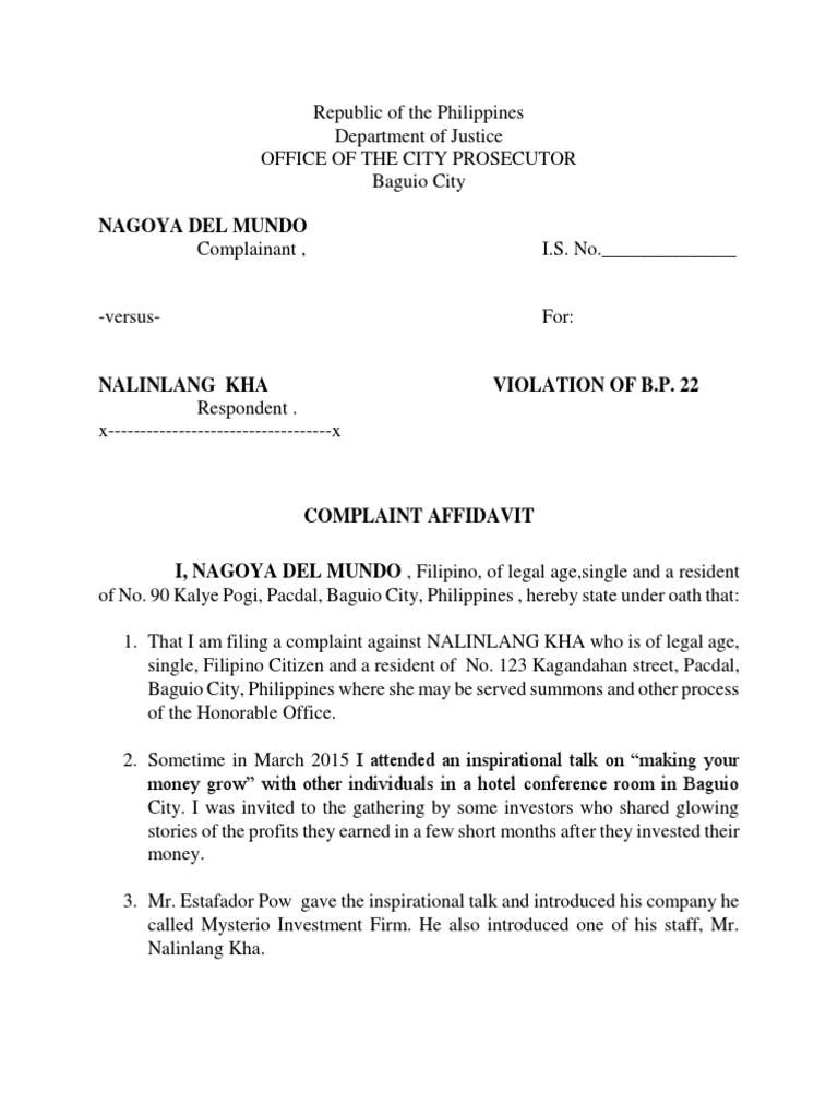 Complaint Affidavit BP 22 | PDF | Banks | Investing