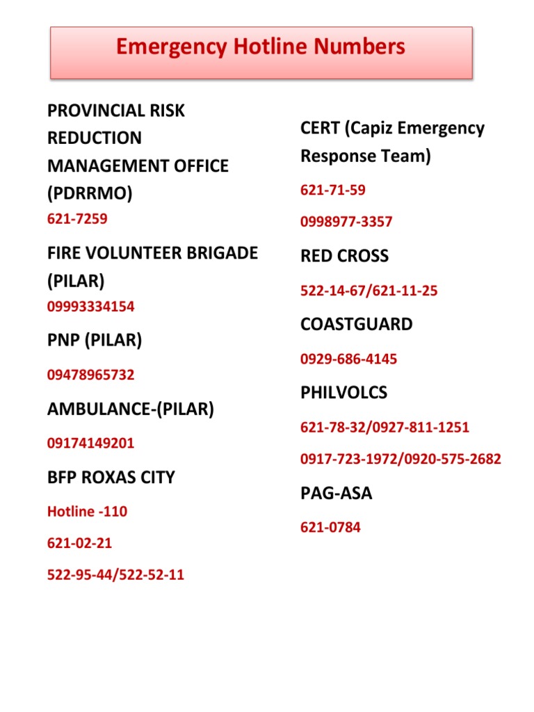 Emergency Hotline Numbers in Pilar | PDF
