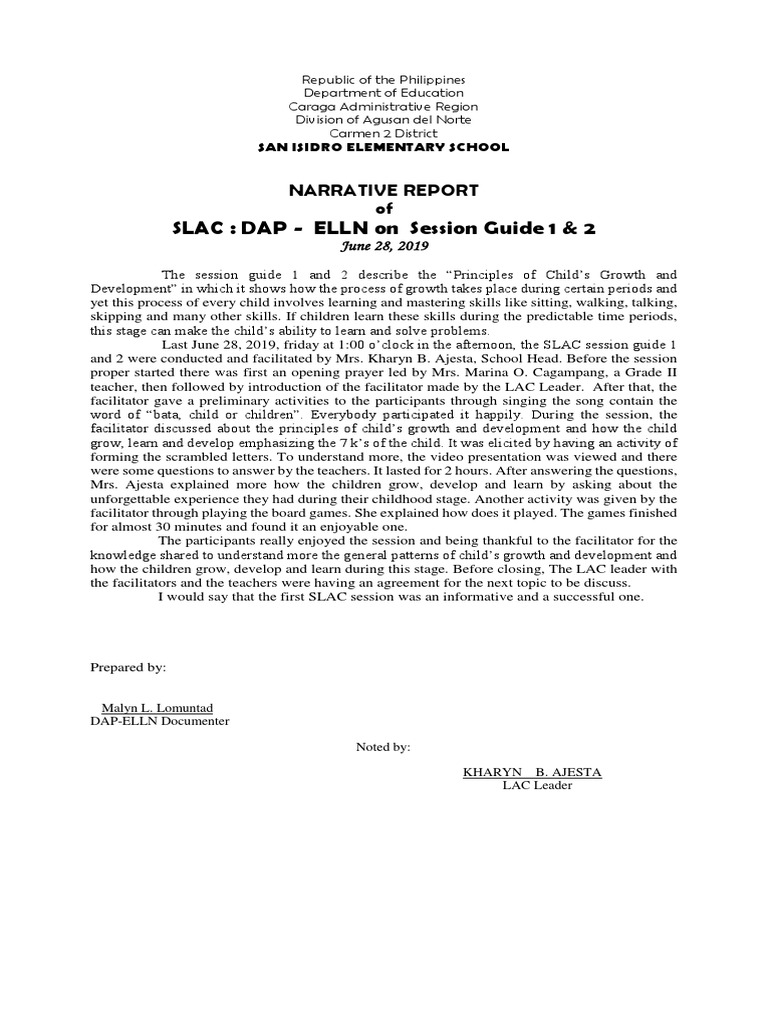 SLAC: DAP - ELLN On Session Guide 1 & 2: Narrative Report of | PDF ...