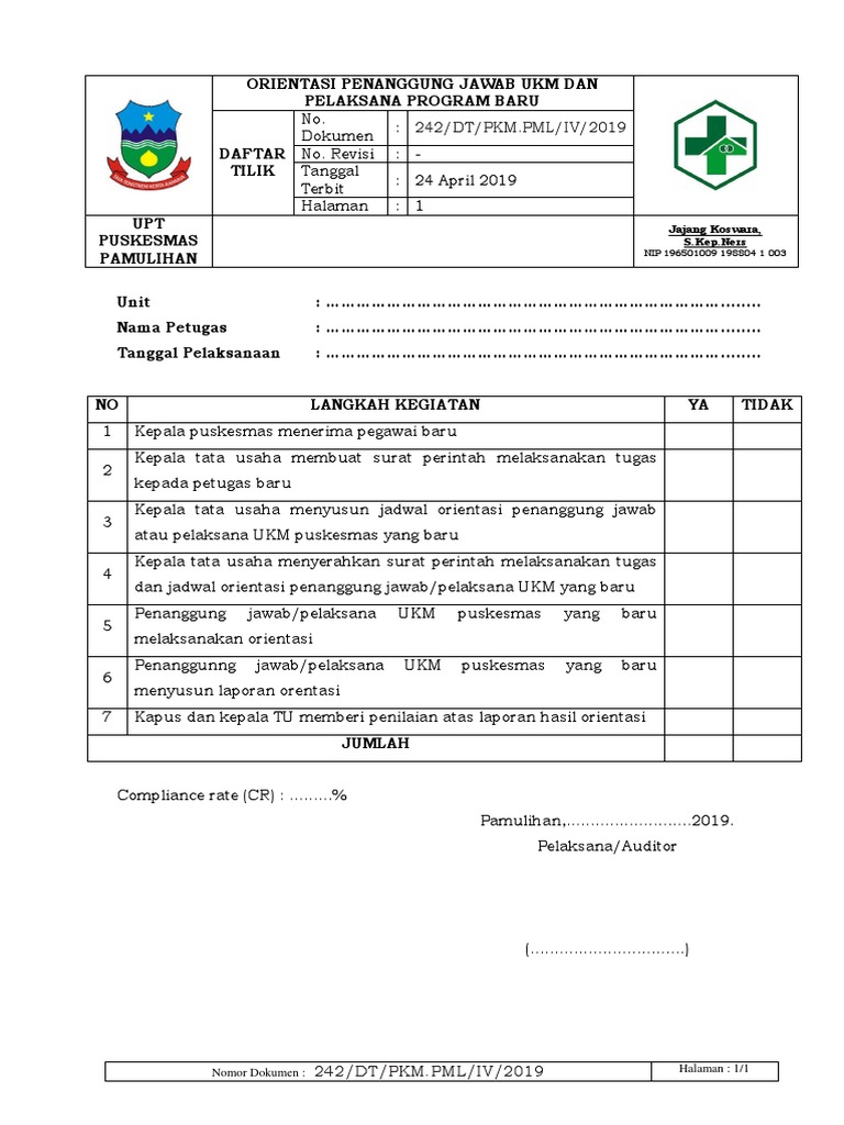 Daftar Tilik Orientasi Penanggung Jawab UKM Dan Pelaksana Program Baru | PDF