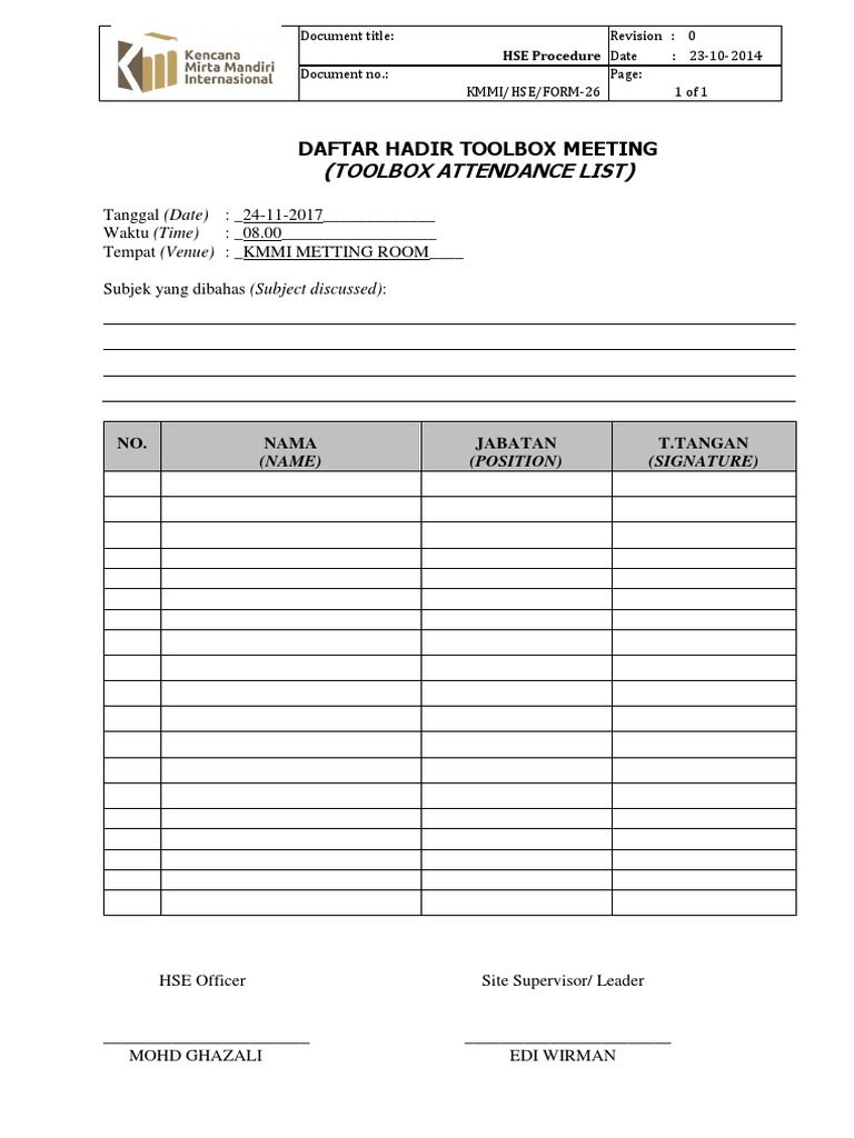 (Toolbox Attendance List) : Daftar Hadir Toolbox Meeting | PDF