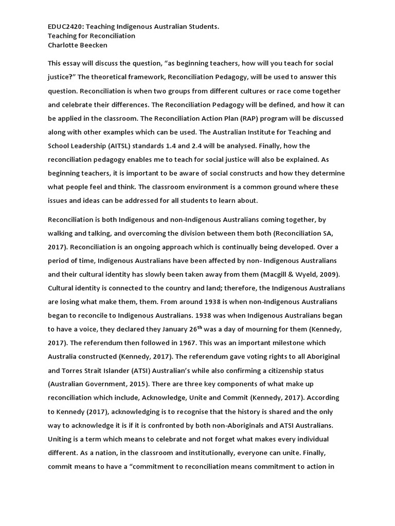 Teaching For Reconciliation Essay | PDF | Pedagogy | Indigenous Australians