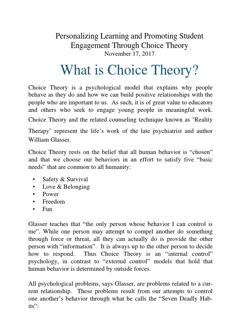 Choice Theory in Education and Counseling | PDF | Psychotherapy | Behavior