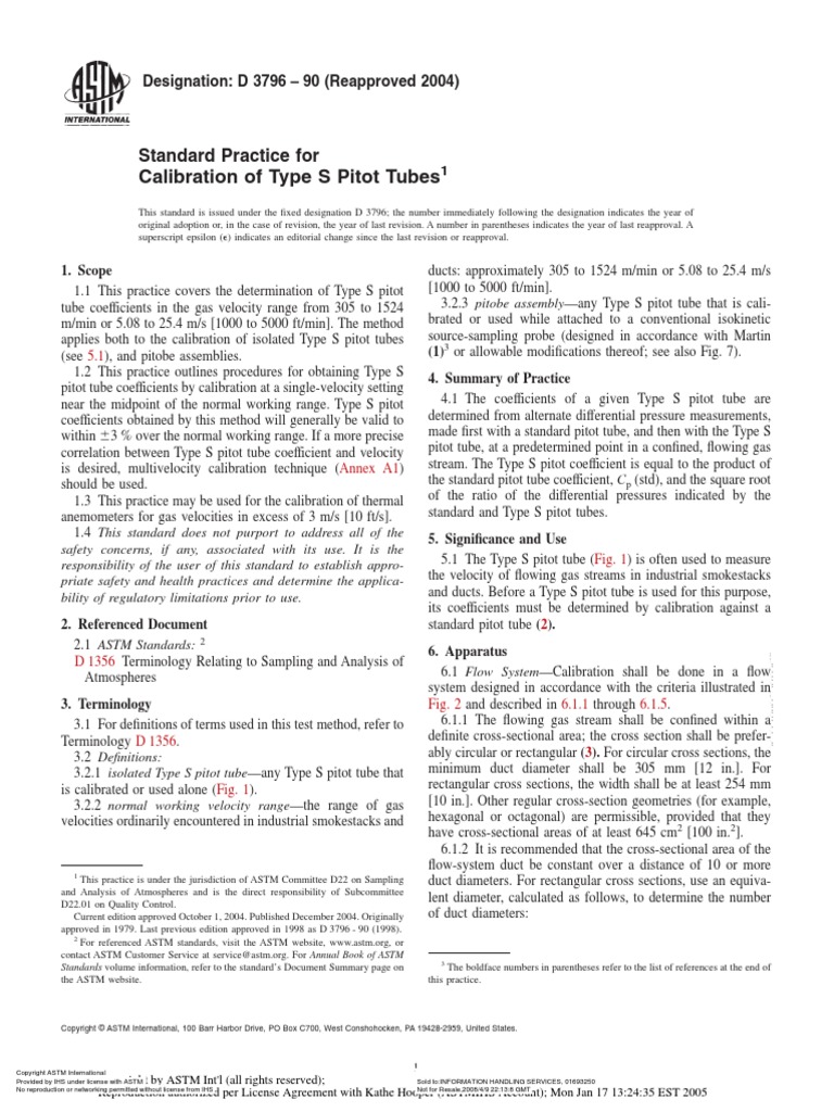 Astm D 3796-90 (Vel. Del Aire) | PDF | Calibration | Scientific Observation