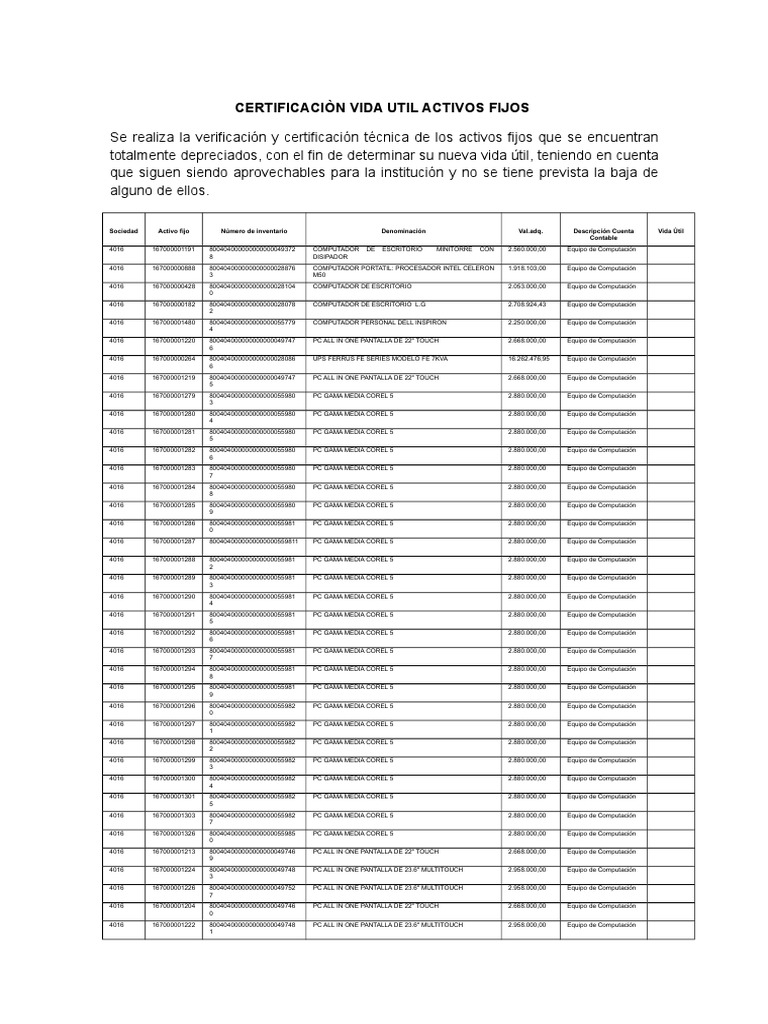 Certificaciòn Vida Util Activos Fijos | PDF | Dell | Lenovo