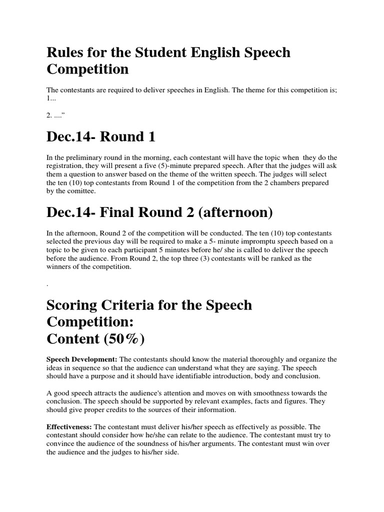 Student English Speech Competition Rules | PDF | Speech | Word
