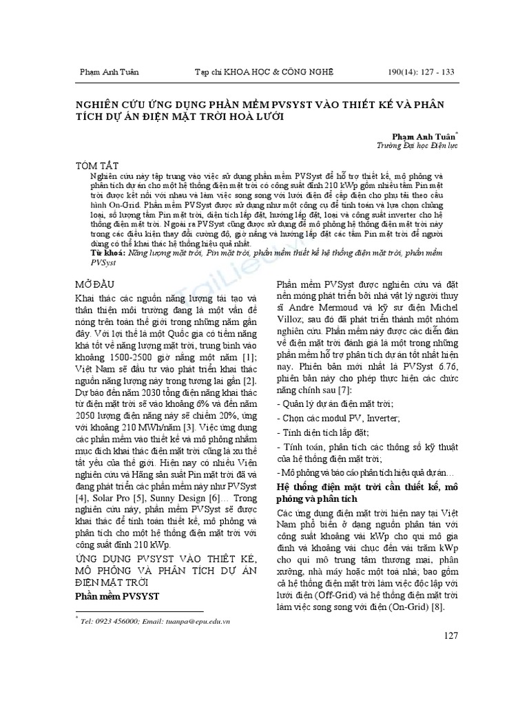 Nghien Cuu Ung Dung Phan Mem Pvsyst Vao Thiet Ke Va Phan Tich Du An Dien Mat Troi Hoa Luoi | PDF
