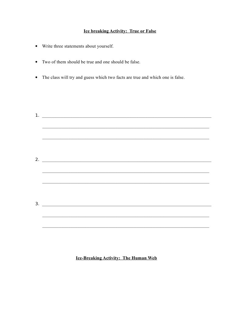Ice Breaking Activity Worksheet True or False and Human Web | PDF