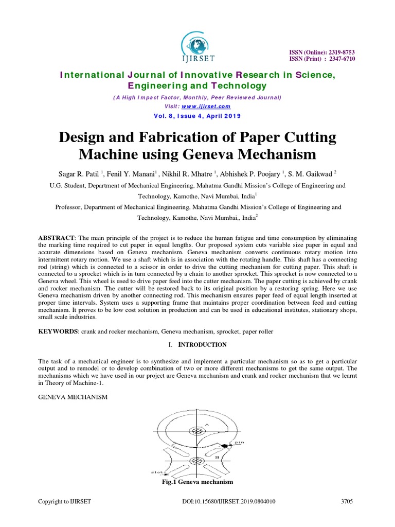 Design and Fabrication of Paper Cutting Machine Using Geneva Mechanism ...