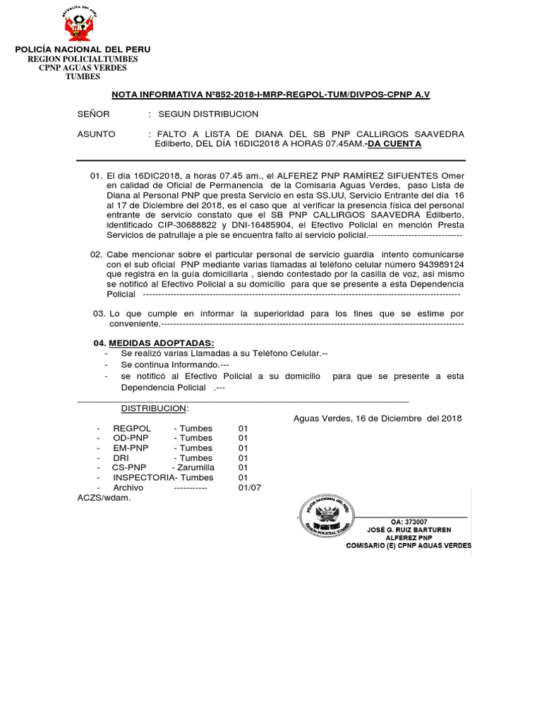 NOTA INFORMATIVA PNP - FALTO A LA LISTA - 2019 | Cumplimiento de la ley ...
