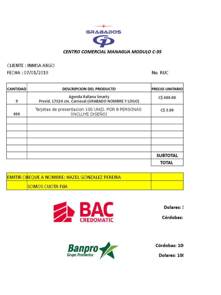 Cotización Tarjetas INMSA Argo | PDF