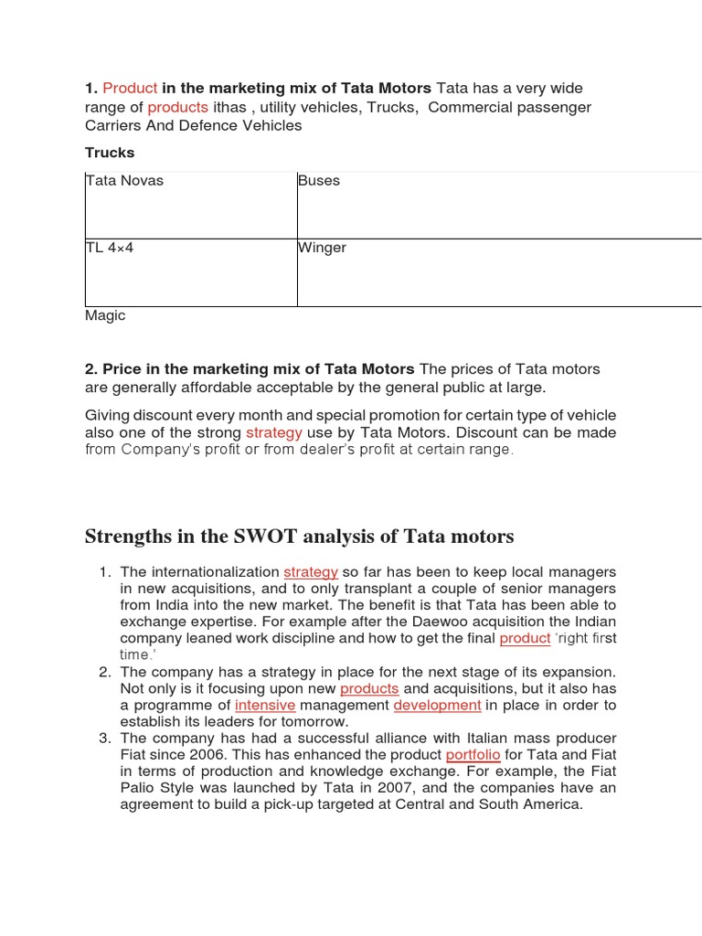 Strengths in The SWOT Analysis of Tata Motors: Product Products | PDF ...