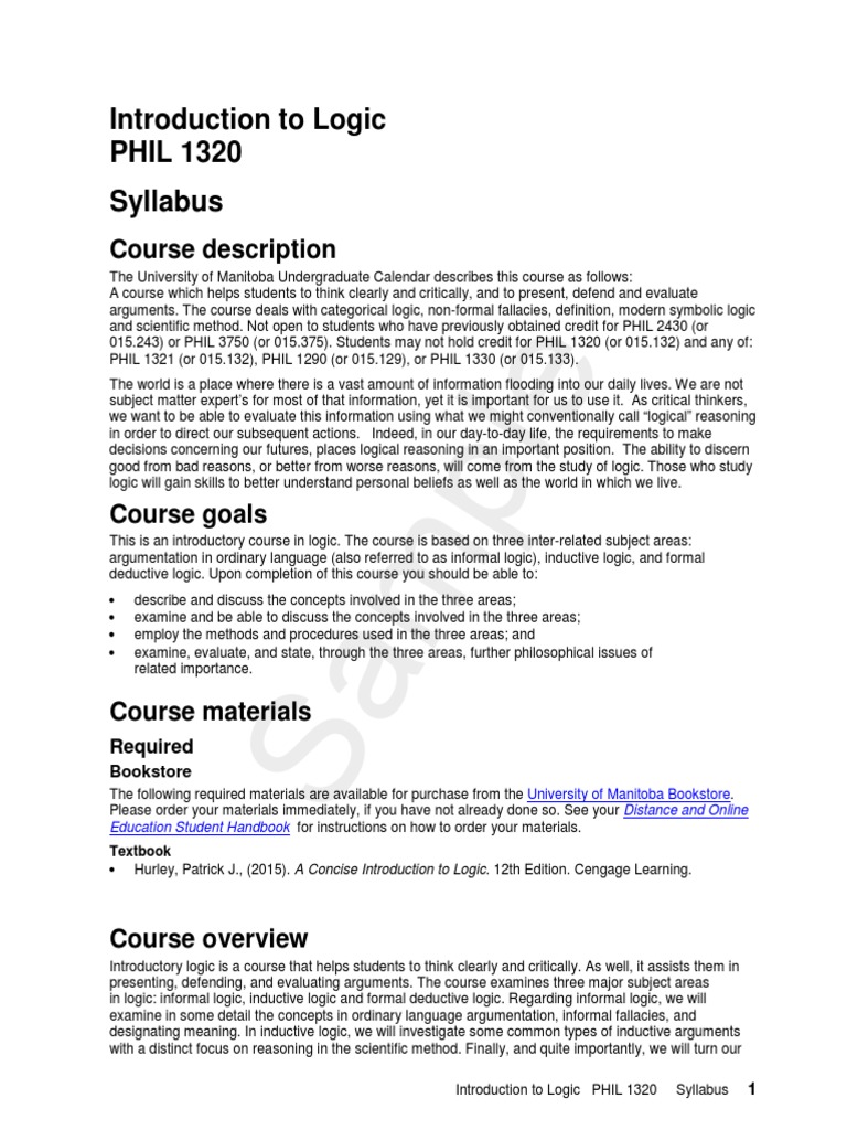 Sample: Introduction To Logic PHIL 1320 Syllabus | PDF | Logic | Reason