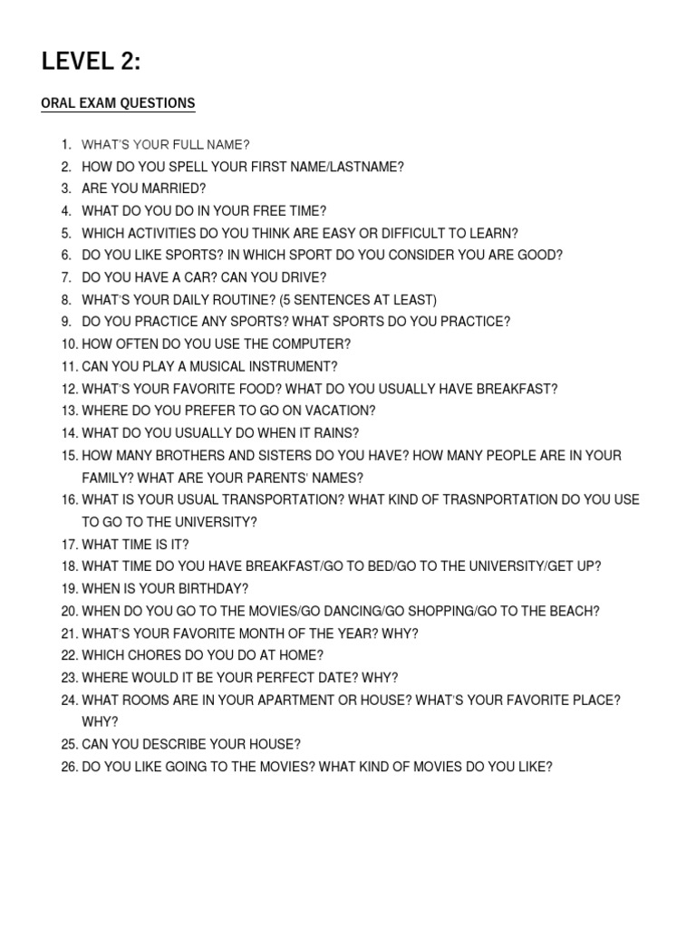 Level 2:: Oral Exam Questions | PDF
