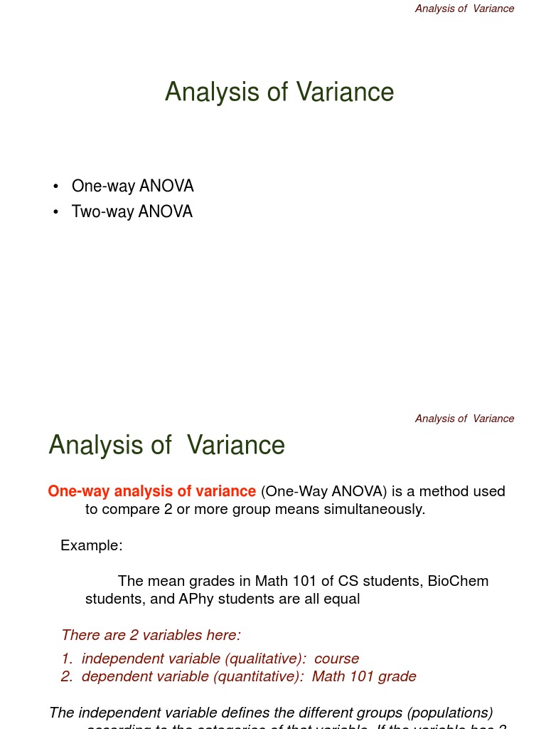 Analysis of Variance: - One-Way ANOVA - Two-Way ANOVA | PDF | Analysis Of Variance | Variance
