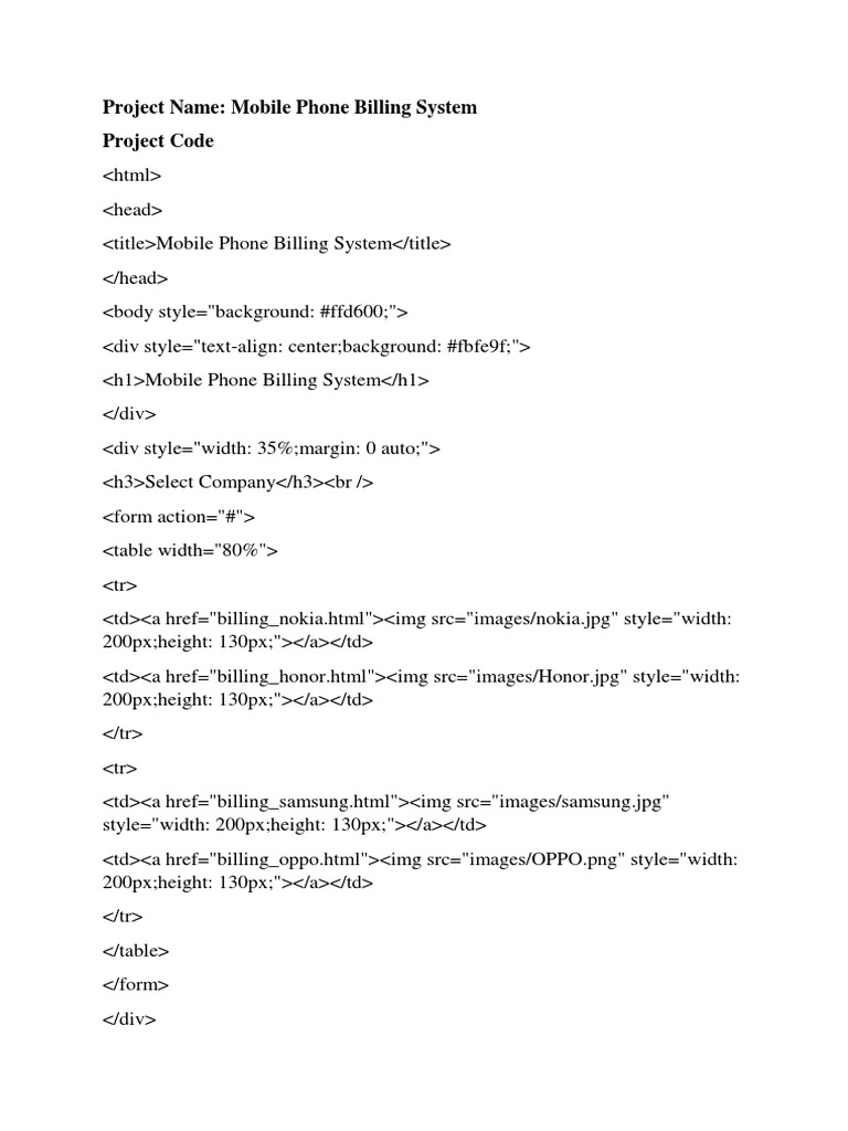 Project Name: Mobile Phone Billing System Project Code | PDF | Mobile Phones | Smart Devices