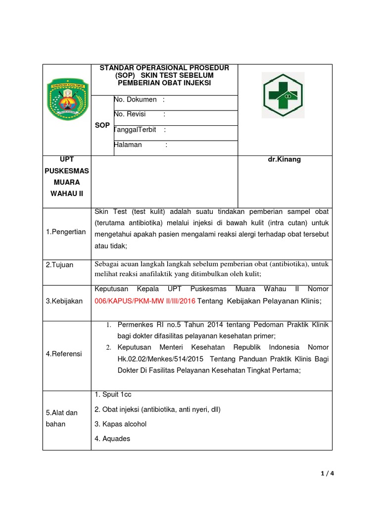(Sop) Skin Test Sebelum Pemberian Obat Injeksi | PDF