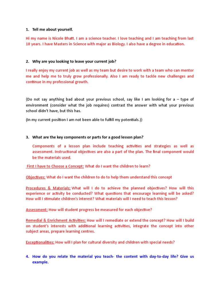 Interview Questions With Answers | PDF | Teachers | Lesson Plan