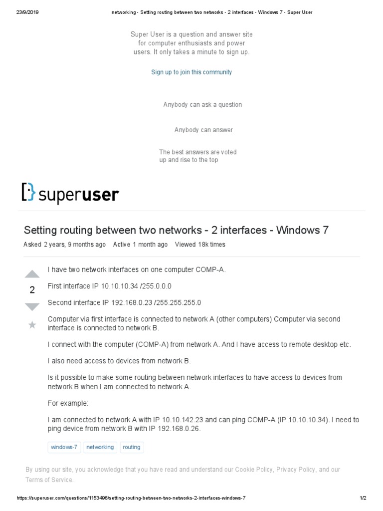 Networking - Setting Routing Between Two Networks - 2 Interfaces - Windows 7 - Super User | PDF ...