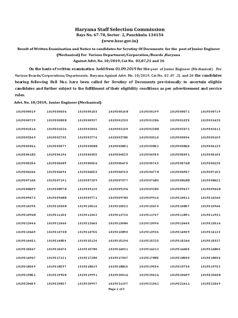 Haryana Staff Selection Commission: (WWW - Hssc.gov - In) Bays No. 67 ...