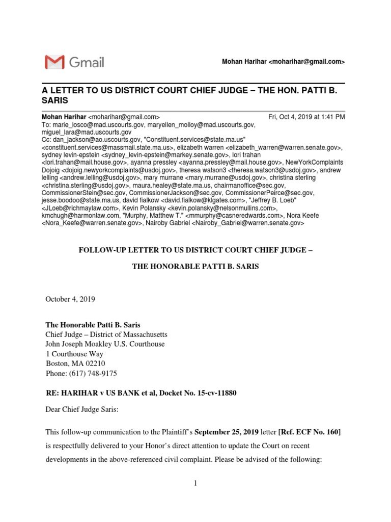 A Letter To Us District Court Chief Judge - The Hon. Patti B. Saris ...