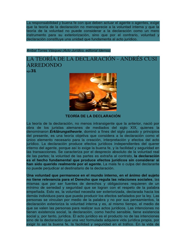 La Teoría de La Declaración - Andrés Cusi Arredondo: Aníbal Torres Vásquez (Acto Jurídico ...