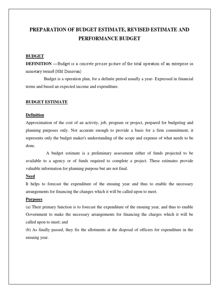 Preparation of Budget Estimate, Revised Estimate and Performance Budget | PDF | Budget | Expense
