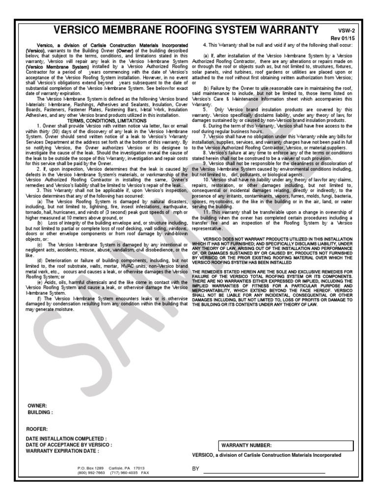 Versico Roofing System Warranty Details | PDF | Damages | Roof